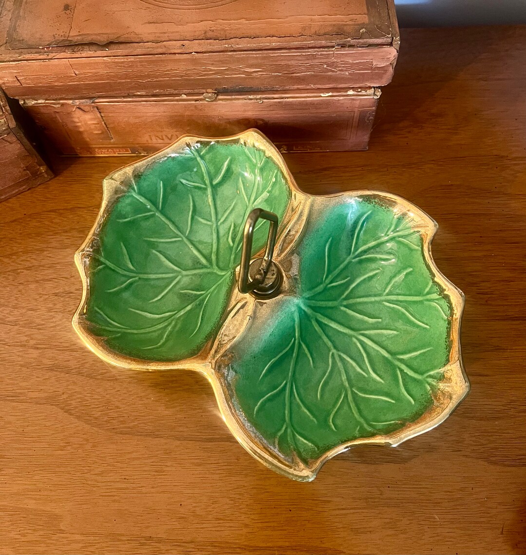 Vintage California Pottery Green and Gold Divided Center Handle Serving ...