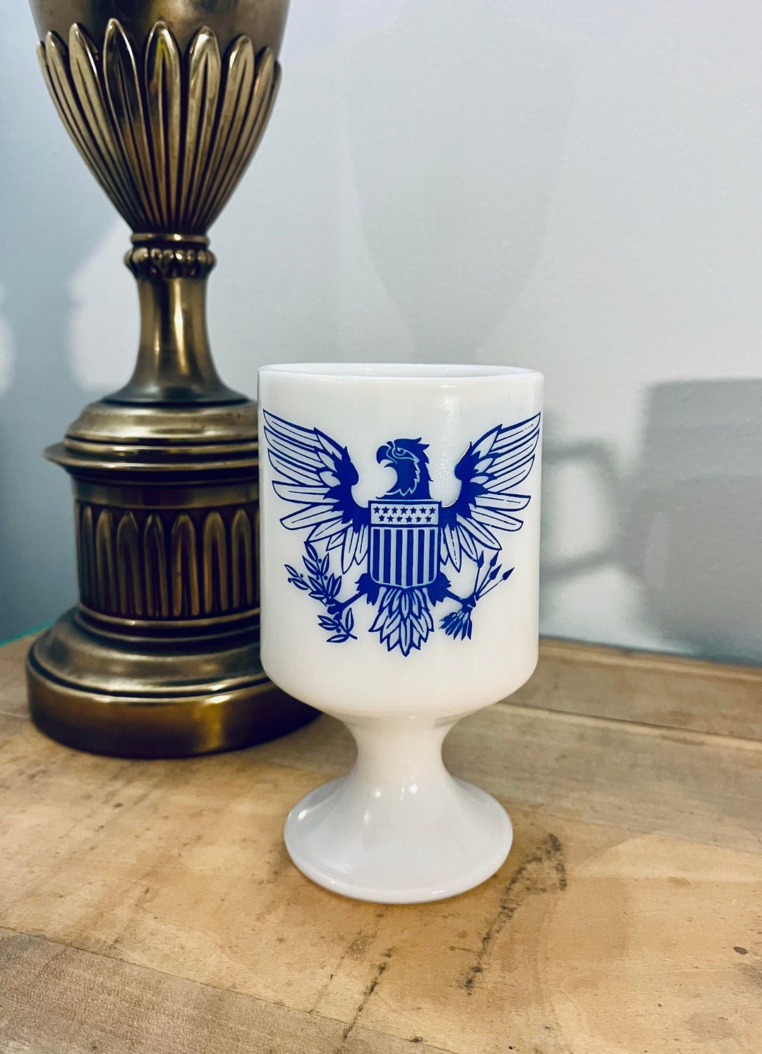 Vintage Set of 4 Pedestal Base Tall Milk Glass Mugs With Blue Federal ...