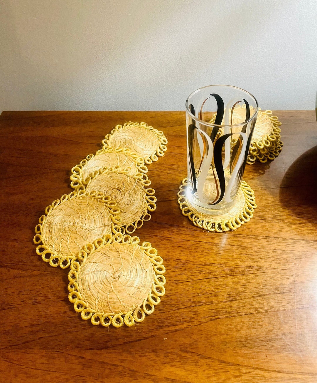 Vintage Raffia Looped Edge Round Drink Coasters, Set of Six - Etsy