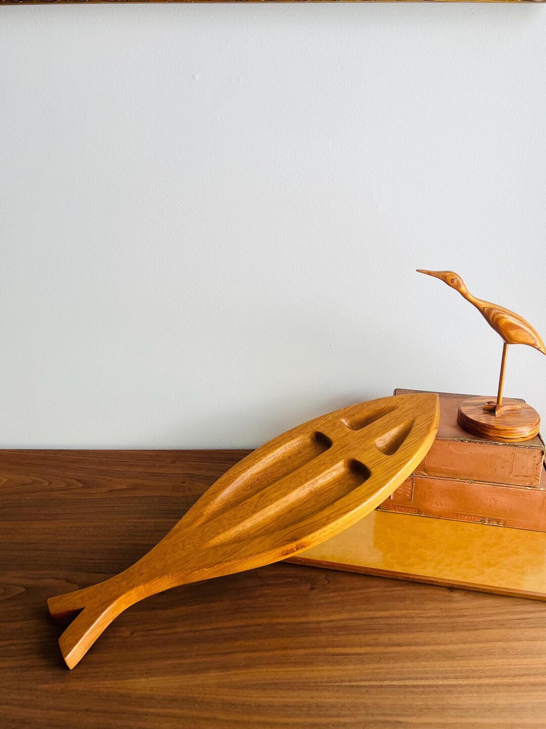 Hand Carved Fish Shaped Sectioned Teak Serving Board, MCM Teak Serving ...