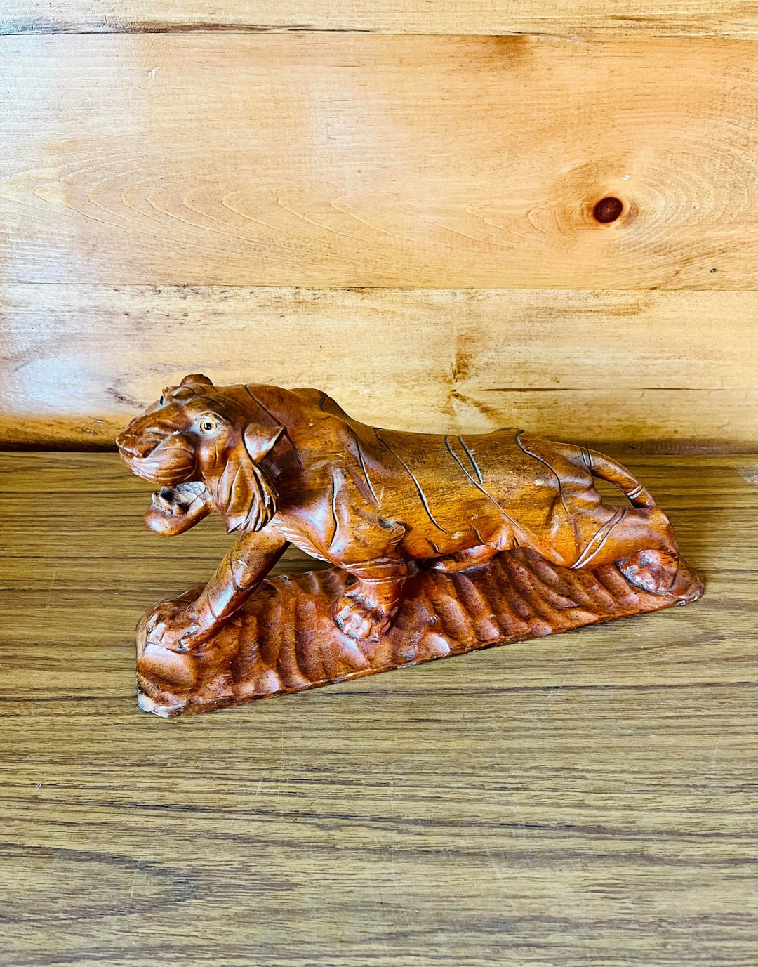 Vintage Hand Carved 14 Wood Tiger - Etsy