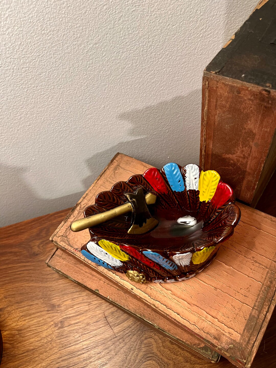 Vintage ANCO Pottery Native American Feather Headdress Trinket Dish - Etsy