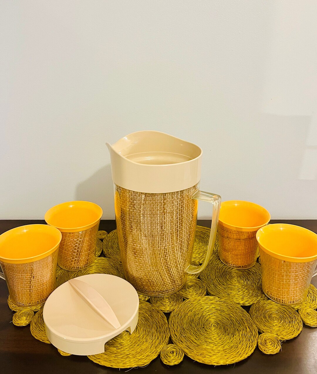 Vintage Raffia Ware Pitcher and Four Mugs, Raffiaware Serving Set - Etsy
