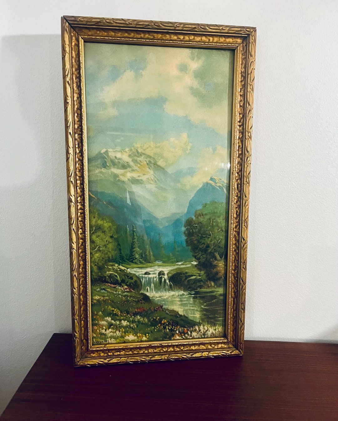 Antique Lithograph Hand Colored of Scenic Mountain River in Ornate Gold ...