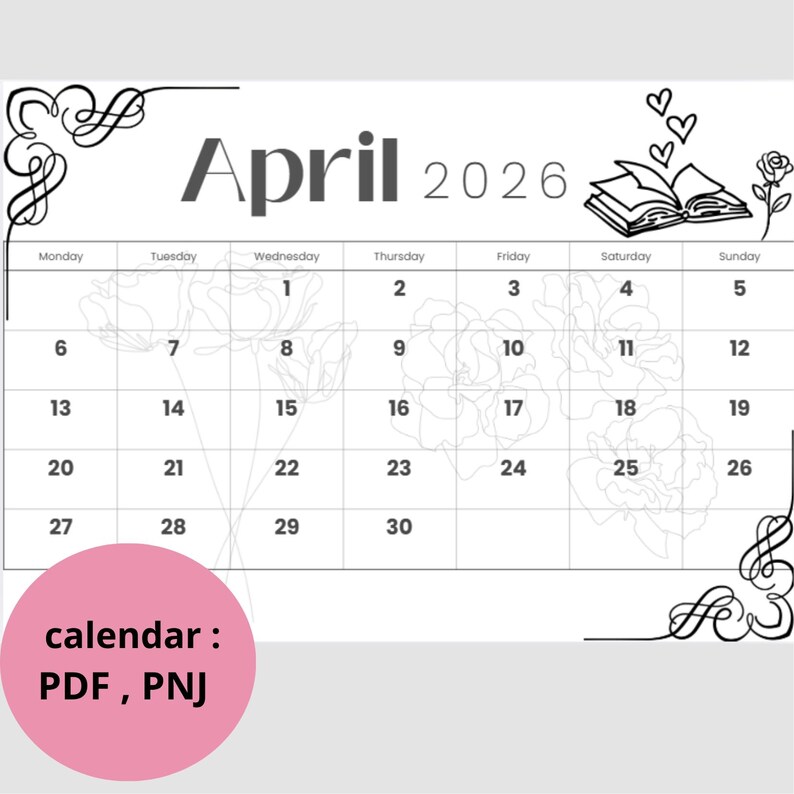April 2026 Printable Calendar, A3/A4/A5 Monthly Planner, Sunday Monday ...
