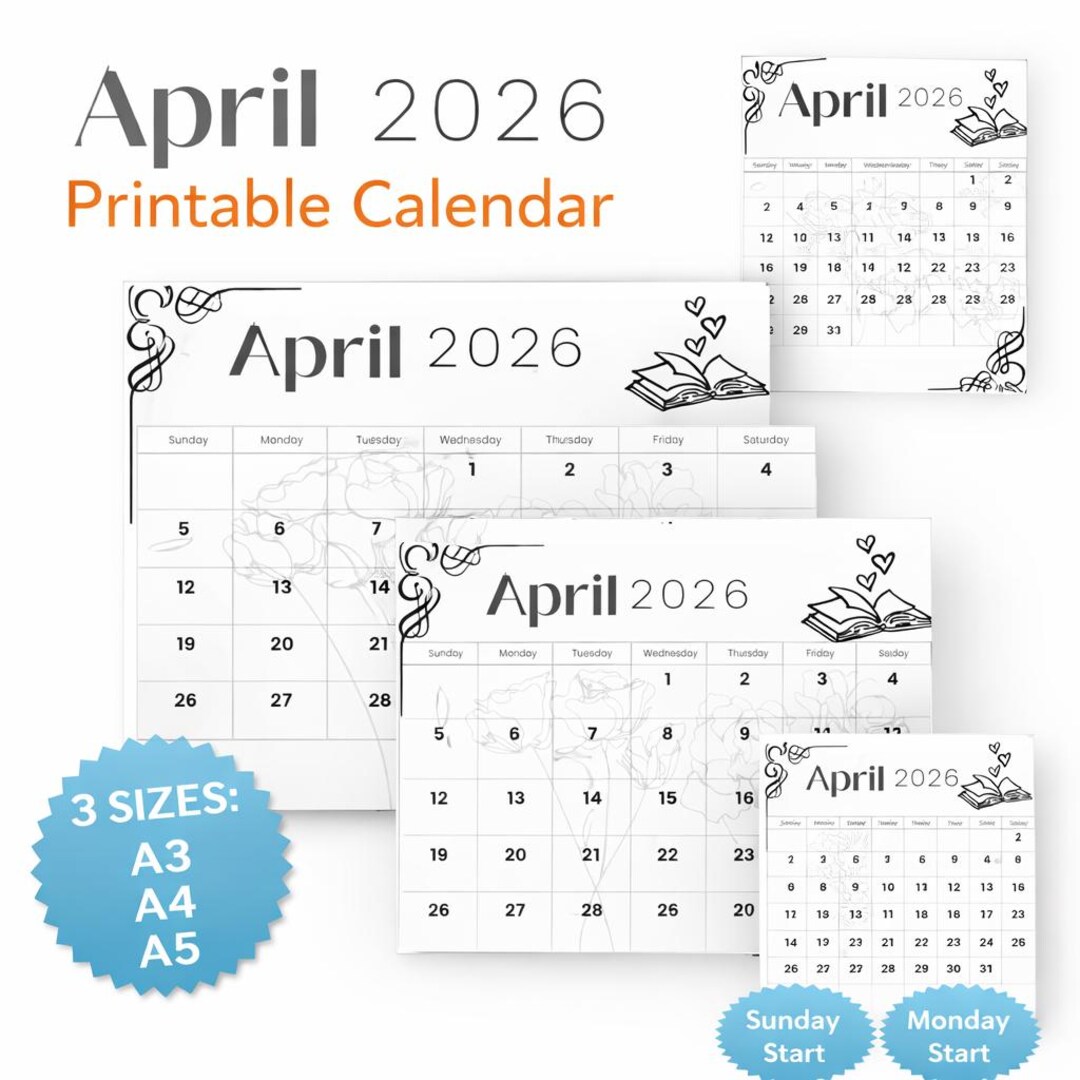 April 2026 Printable Calendar, A3/A4/A5 Monthly Planner, Sunday Monday ...