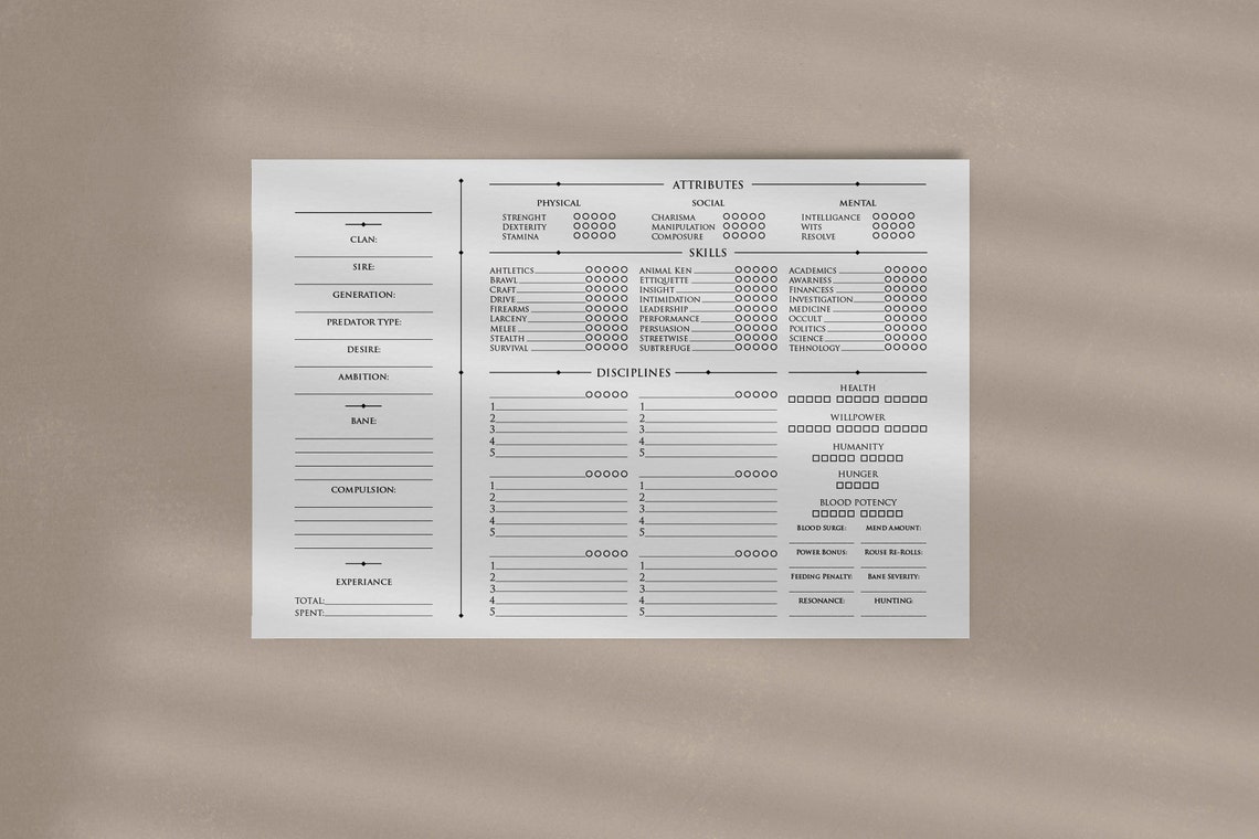 VTM Minimalistic Character Sheet Vampire: the Masquerade V5 - Etsy ...