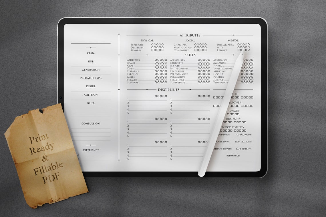 VTM Minimalistic Fillable Character Sheet - Vampire: the Masquerade V5 ...