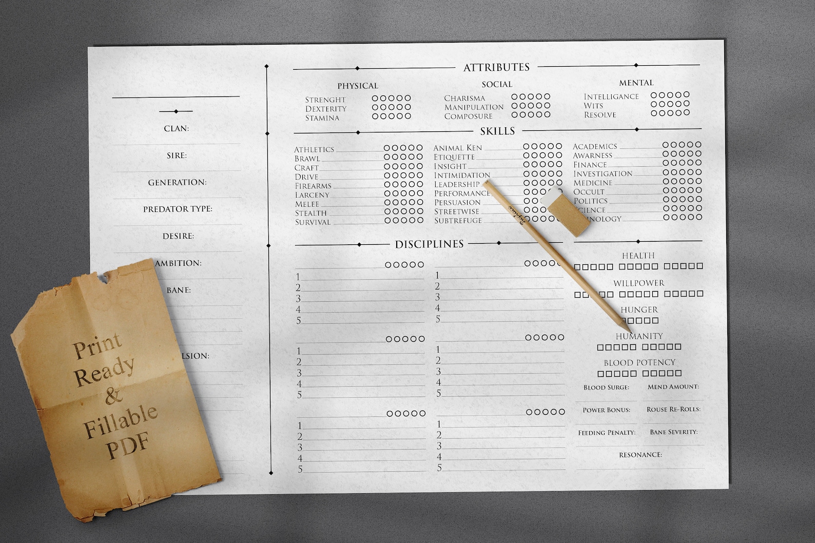 VTM Minimalistic Fillable Character Sheet - Vampire: the Masquerade V5 ...