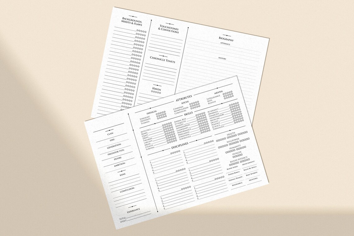 VTM Minimalistic Character Sheet Vampire: the Masquerade V5 - Etsy ...