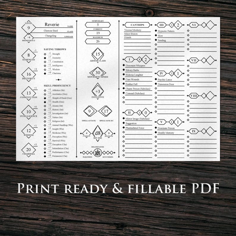 DND Minimalistic Fillable Character Sheet - Dungeons & Dragons - Etsy