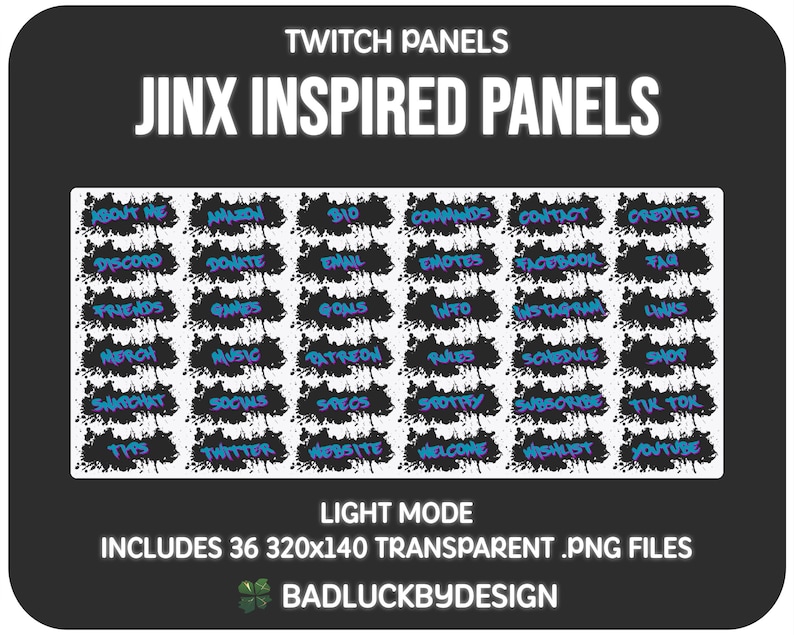 36x Jinx Inspired Twitch Panels - Teal Paint Splatter Streamer Assets ...