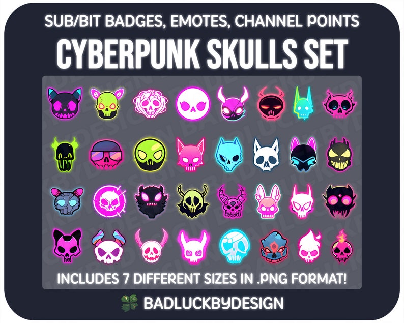 32x Cyberpunk Skull Twitch Badges/emotes - Neon Glow & Retro Gaming ...