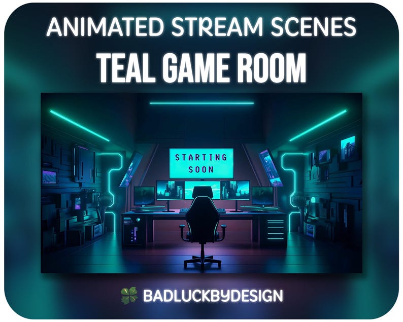 Animated Game Room Stream Scenes - Teal Cyberpunk Twitch Screens ...