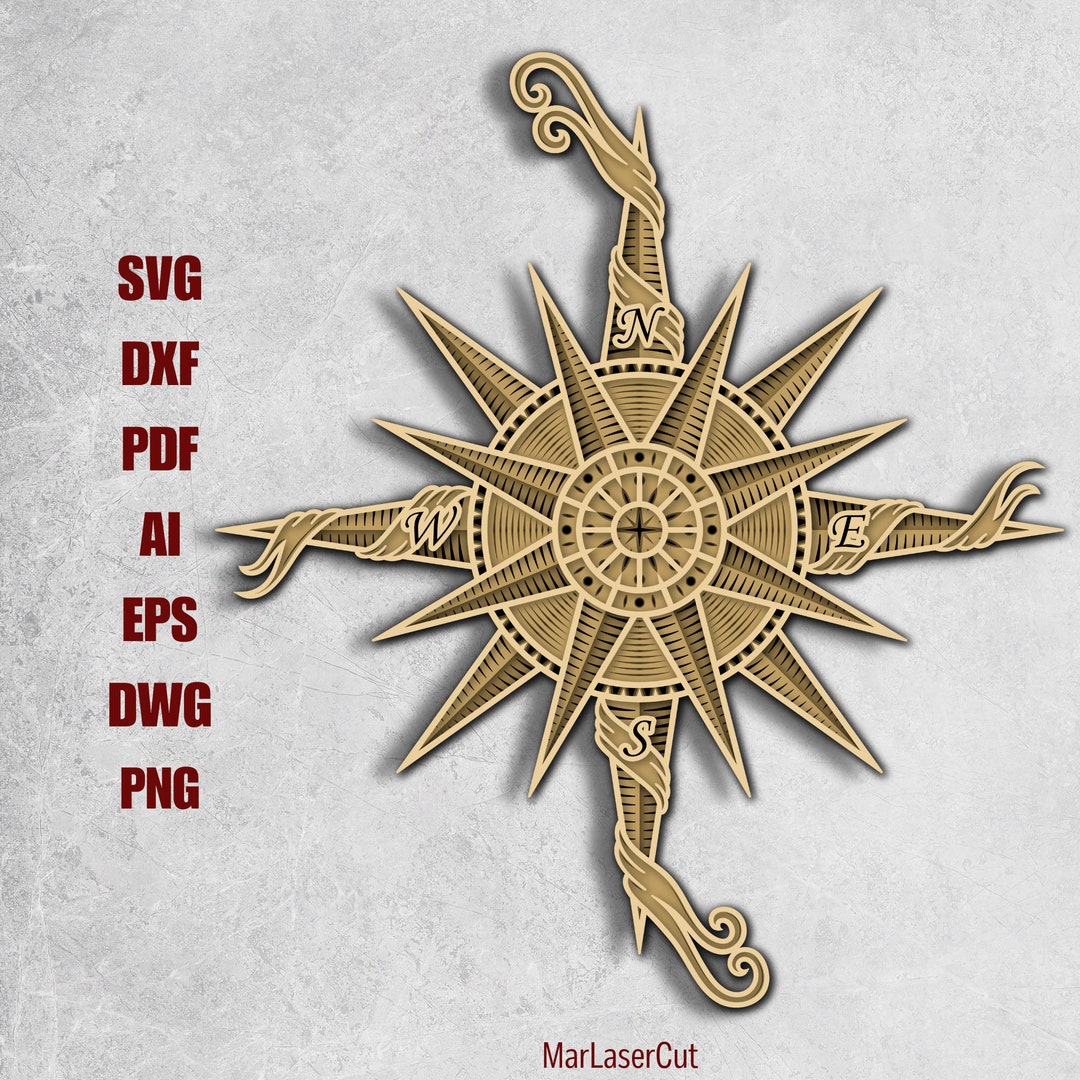Layered Nautical Compass Rose Laser Cut File SVG Layered Marine Instant ...