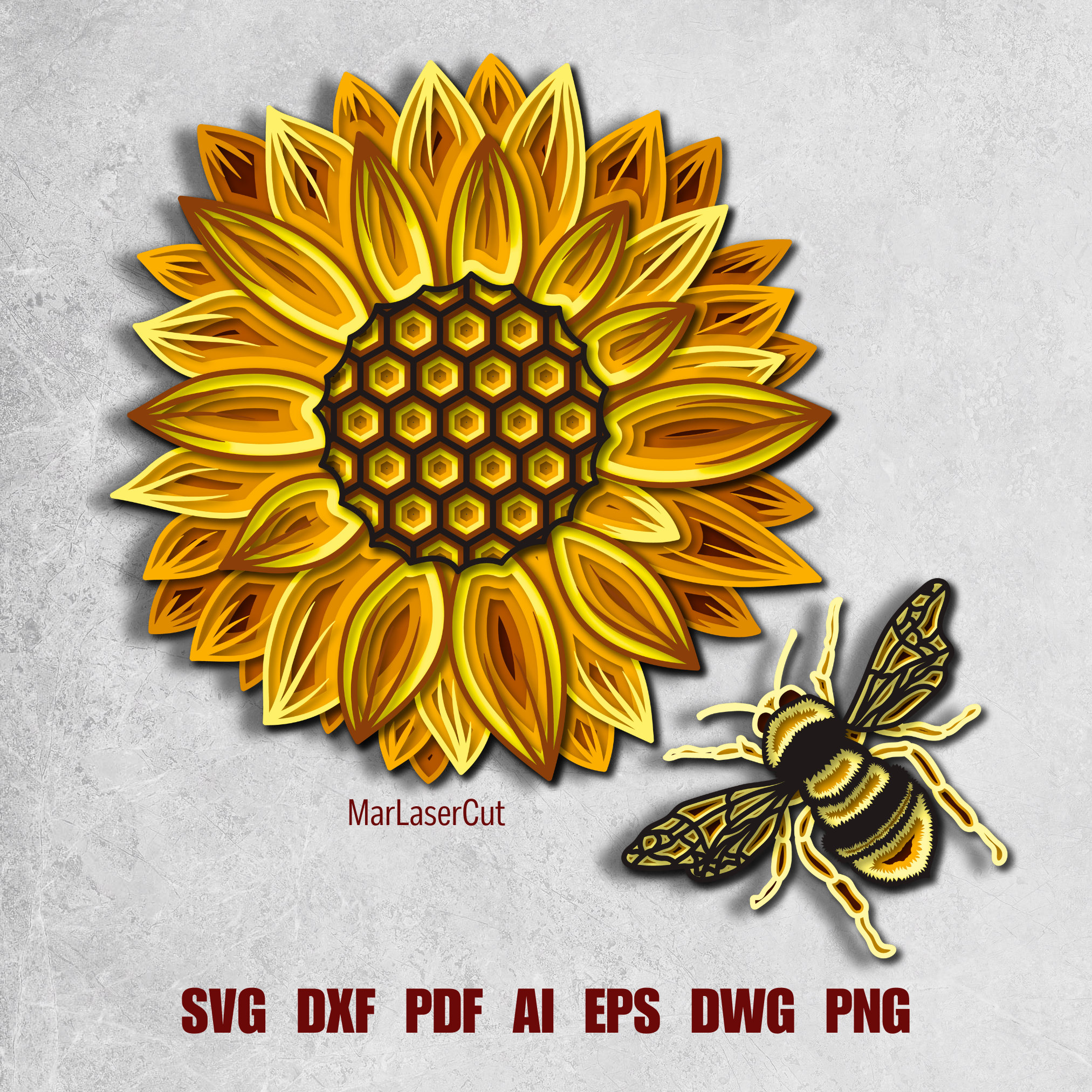 Bee Sunflower Laser Cut 3D File Multilayer Sunflower SVG Instant ...