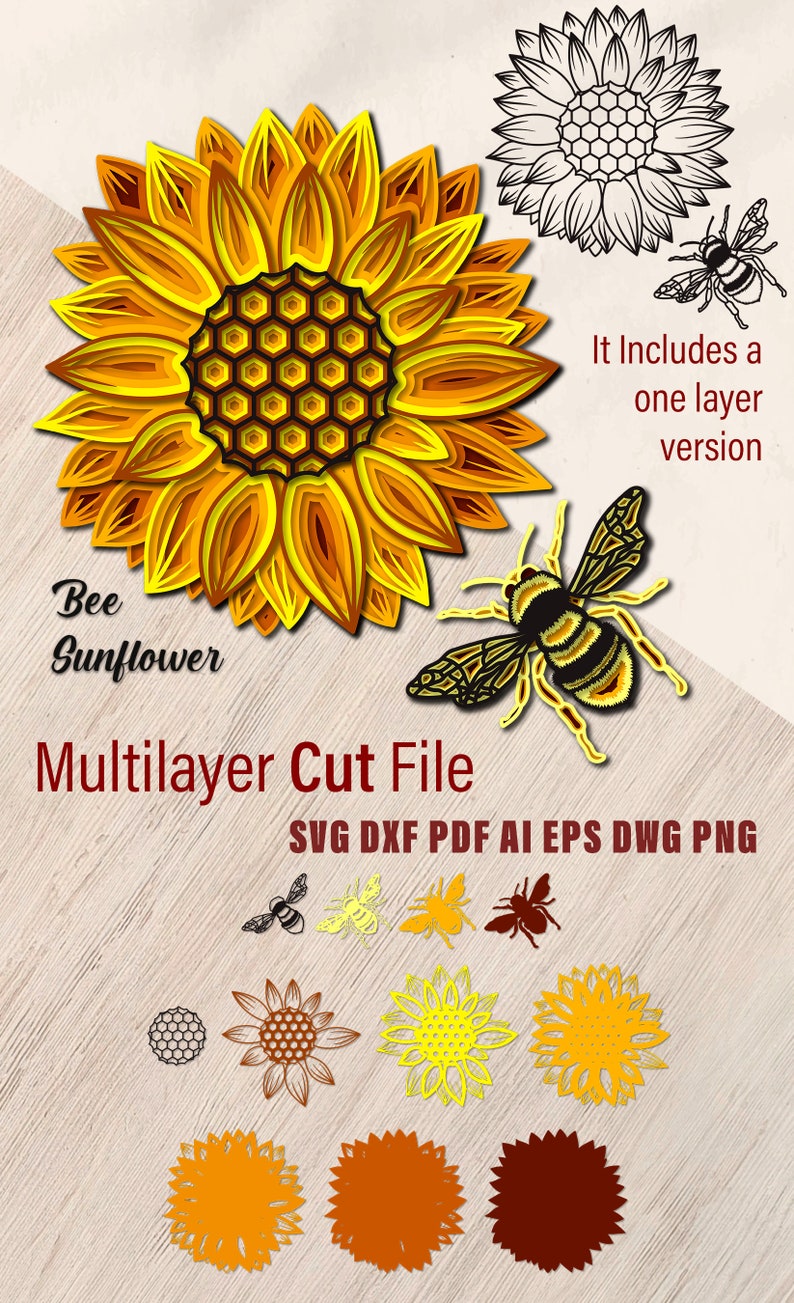 Bee Sunflower Laser Cut 3D File Multilayer Sunflower SVG Instant ...