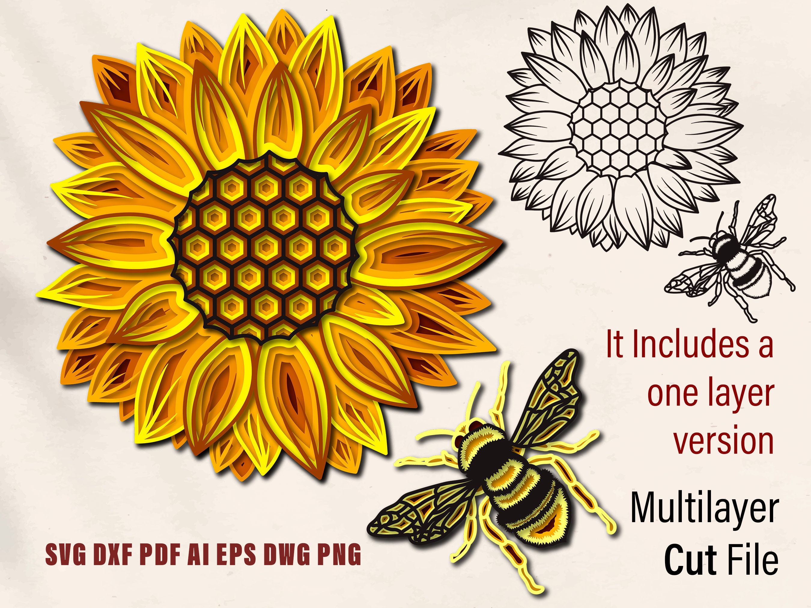 Bee Sunflower Laser Cut 3D File Multilayer Sunflower SVG Instant ...