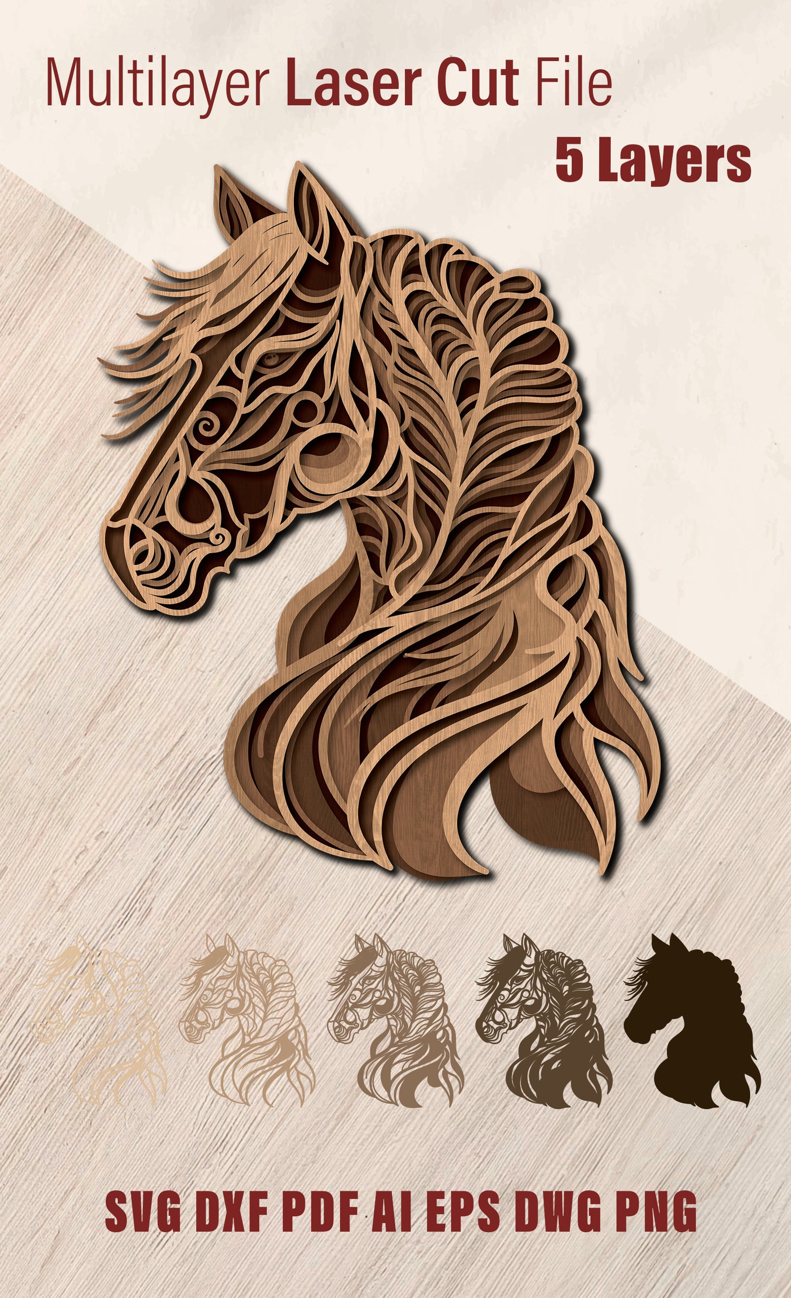 Multilayer Horse Laser Cut File 3D Horse Mandala Layered Dxf Dwg ...