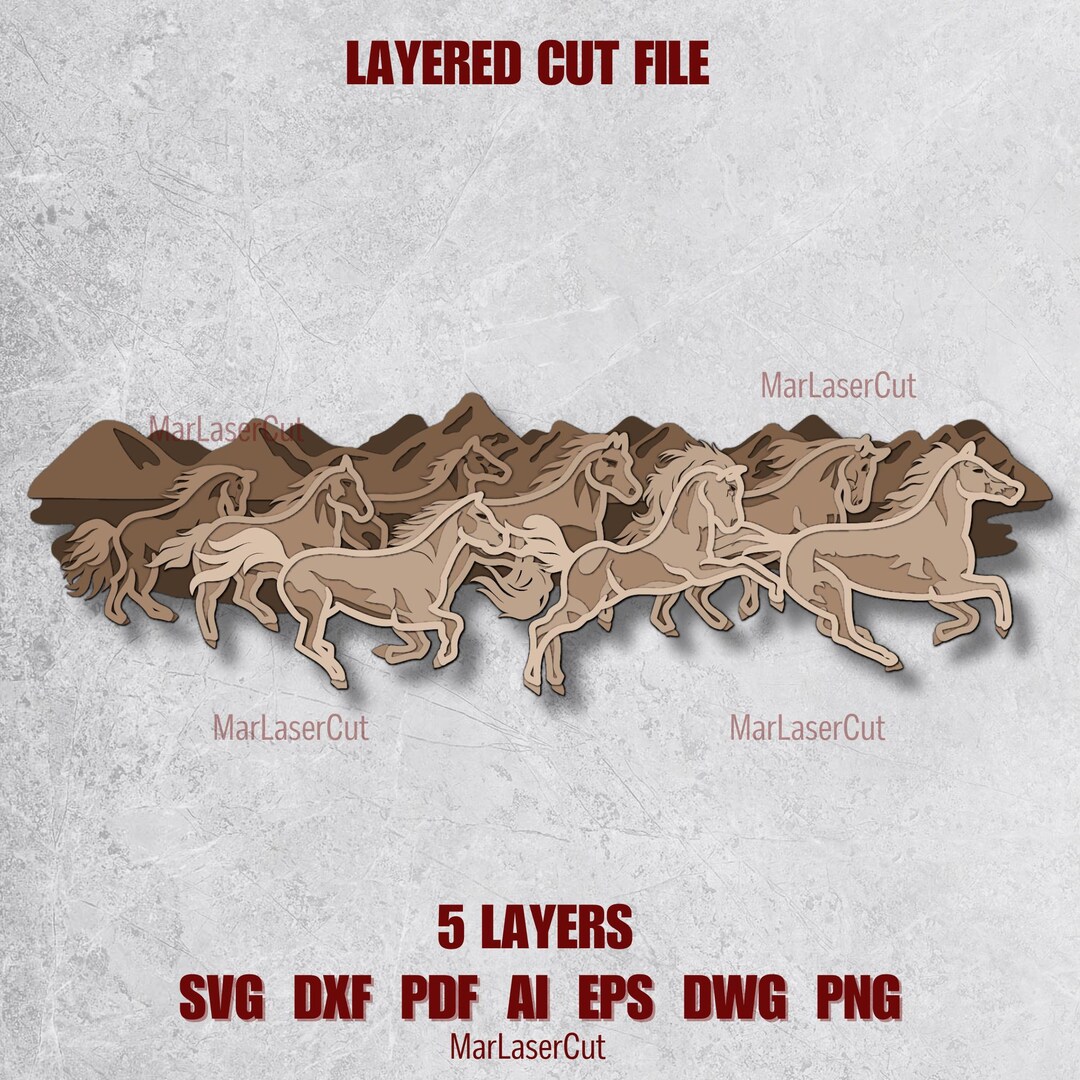 Multilayer Horse Herd Laser Cut File 3D Horses Mandala Layered Dxf Dwg ...