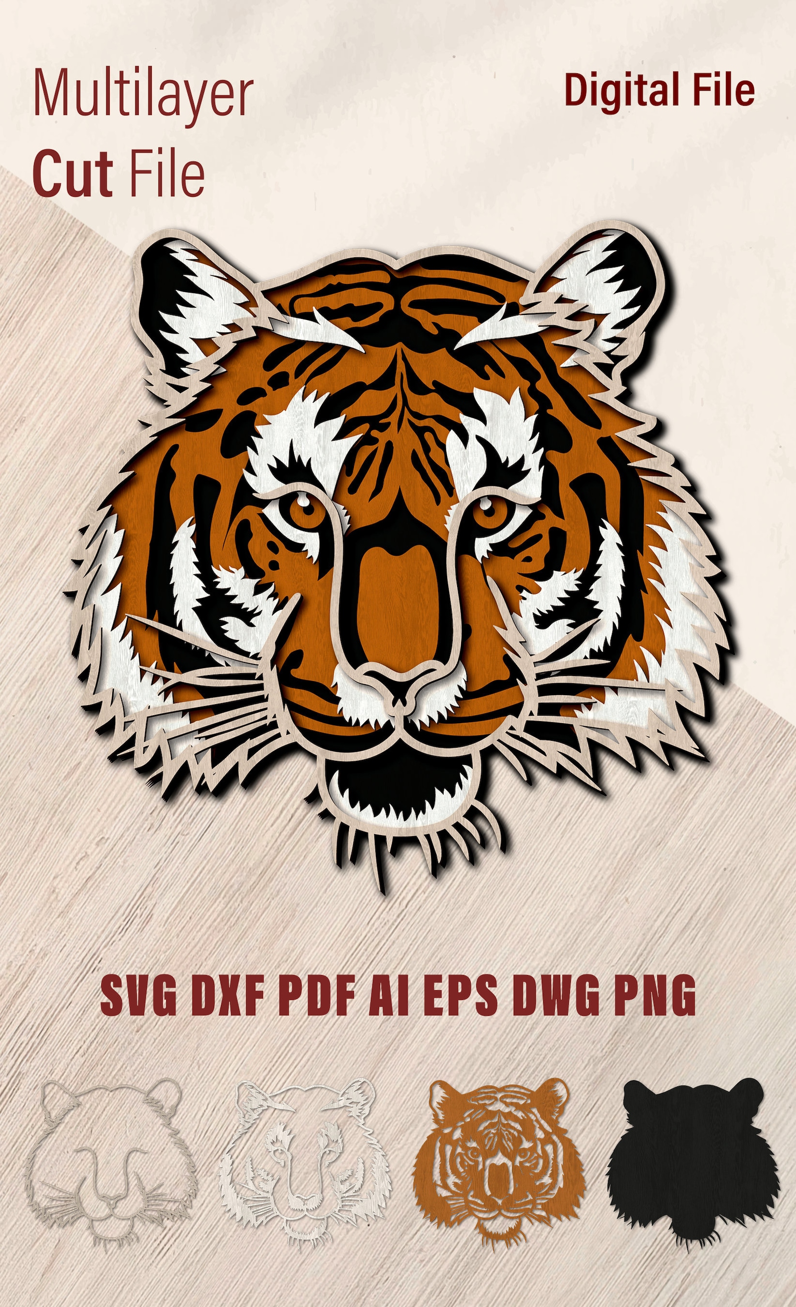 Multilayer Tiger Head Laser Cut File 3D Tiger Mandala Layered Dxf ...