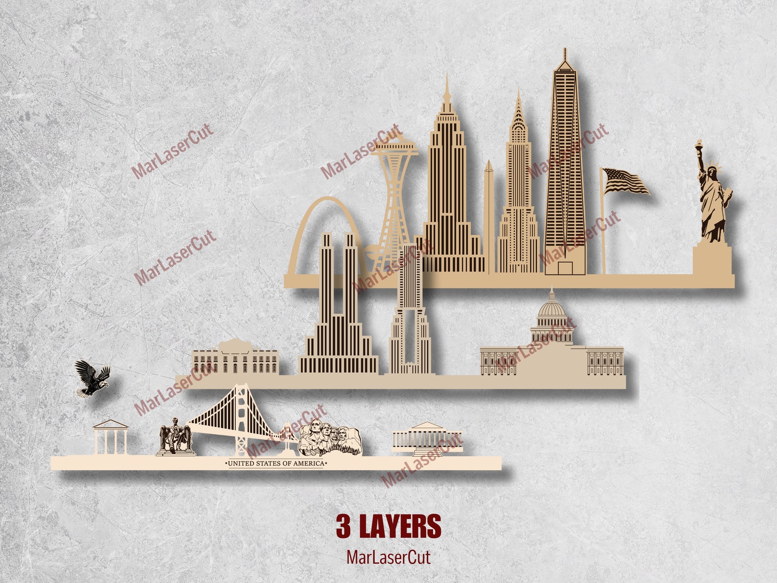 Multilayer USA Landmarks Laser Cut File 3D Layered United States ...