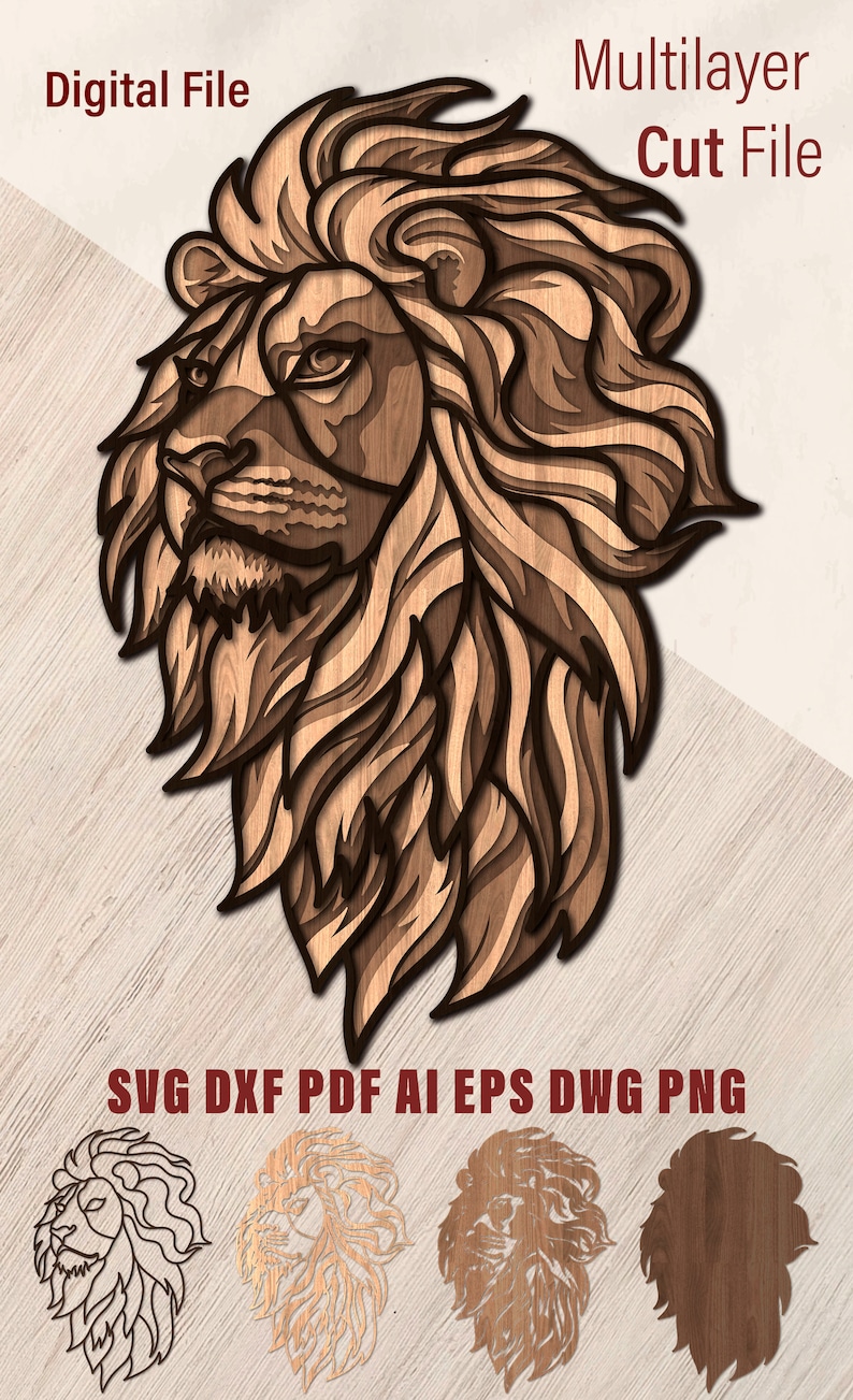 Multilayer Lion Laser Cut File 3D Layered Safari Laser Cut Dxf Dwg Lion ...