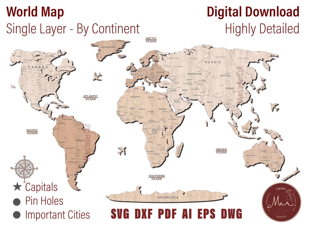 Map of the World Laser Cut File SVG Layered World Map Instant Download ...
