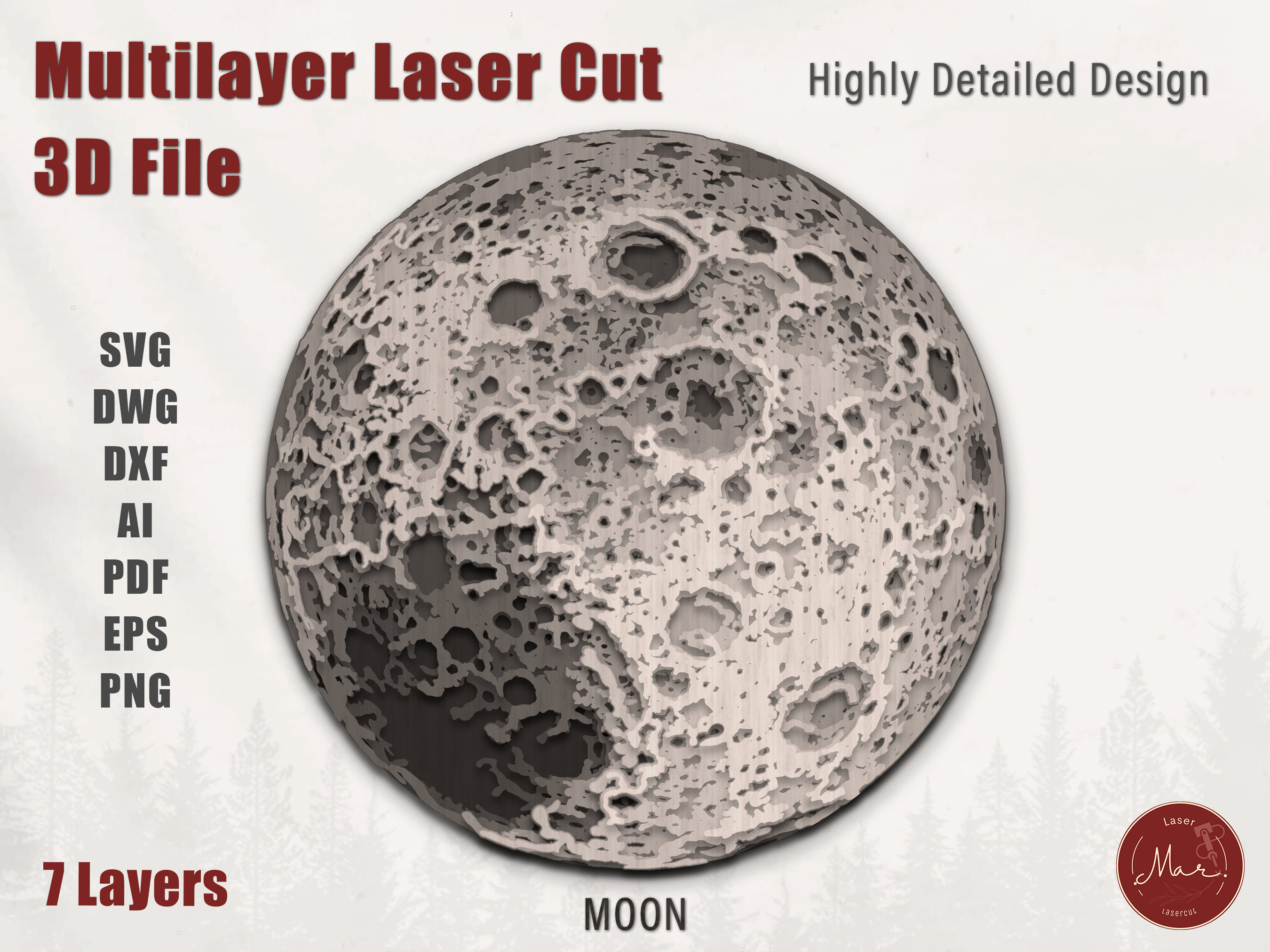 7 Layers Multi Layer Full Moon Laser Cut 3D File SVG Detailed Moon ...