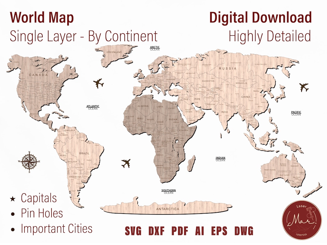 Map of the World Laser Cut File SVG Layered World Map Instant Download ...