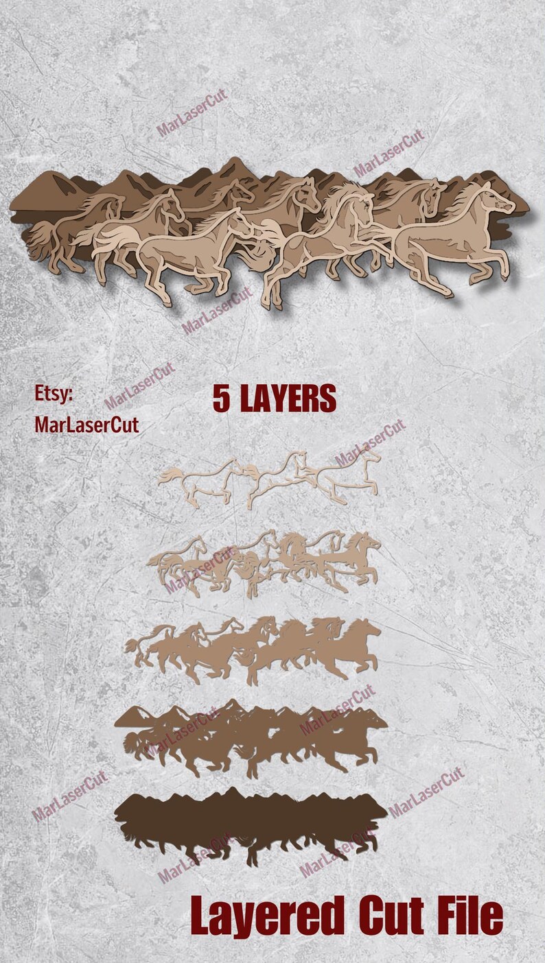Multilayer Horse Herd Laser Cut File 3D Horses Mandala Layered Dxf Dwg ...