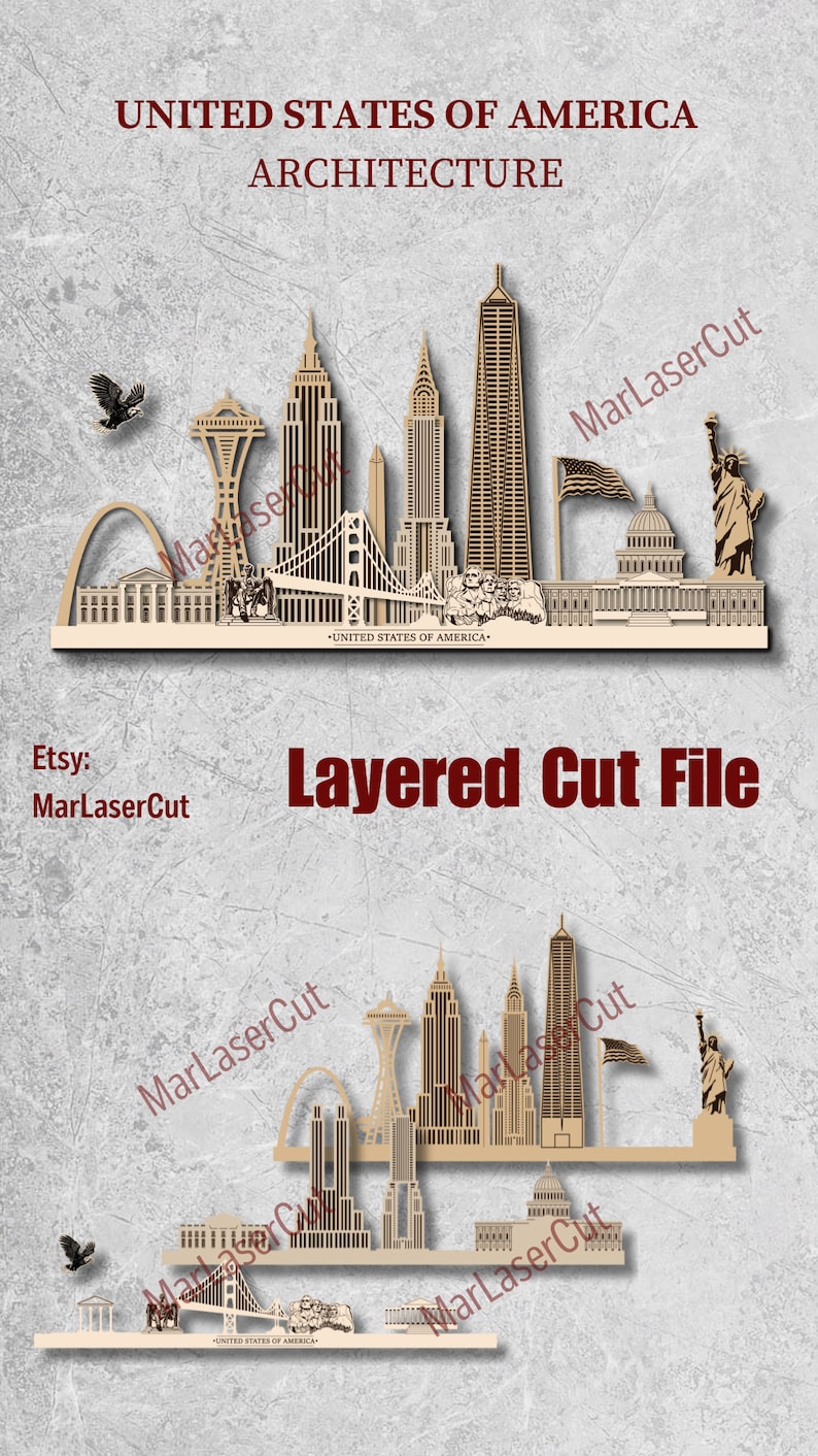 Multilayer USA Landmarks Laser Cut File 3D Layered United States ...