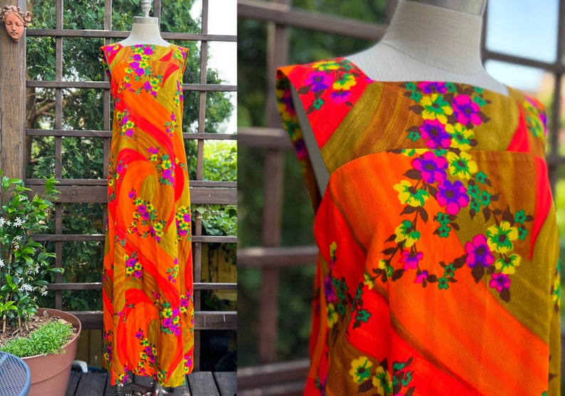 Vintage Hawaiian Barkcloth Maxi Dress: Dayglo Floral 60s Aloha Gown - Etsy