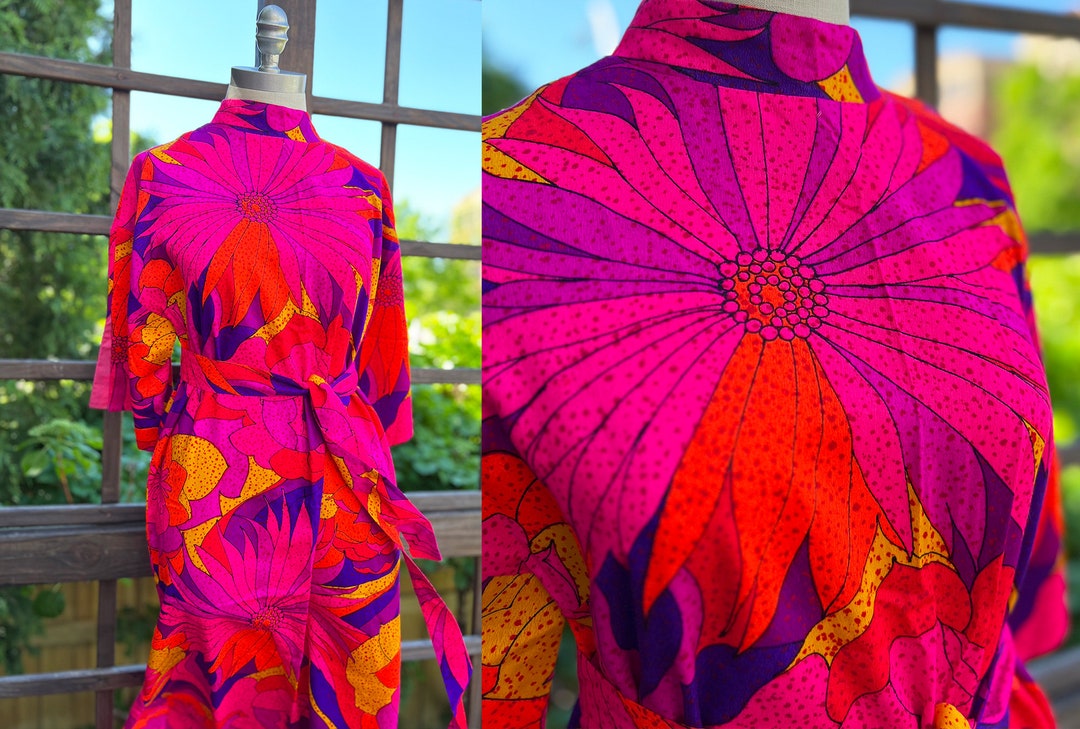 60s Psychedelic Aloha Dress With Day Glo Neon Pink and Purple Floral by ...