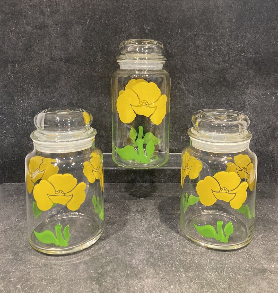 Set of 3 Vintage 1970s Anchor Hocking Yellow Foxy Flowers Poppy Glass ...