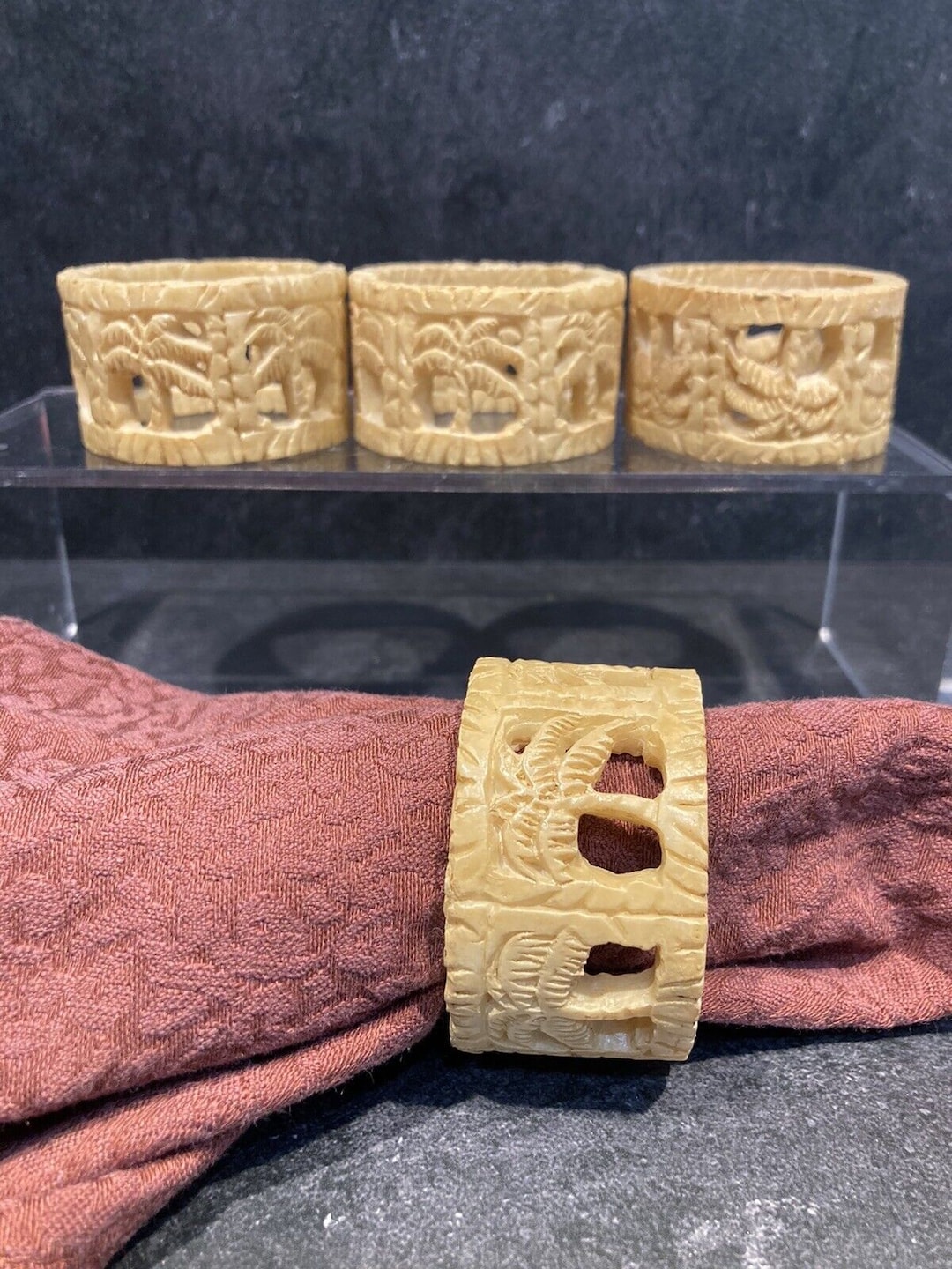 Vintage Tiki Palm Tree Napkin Rings Plastic Bamboo Carved Tan Set of 4 ...