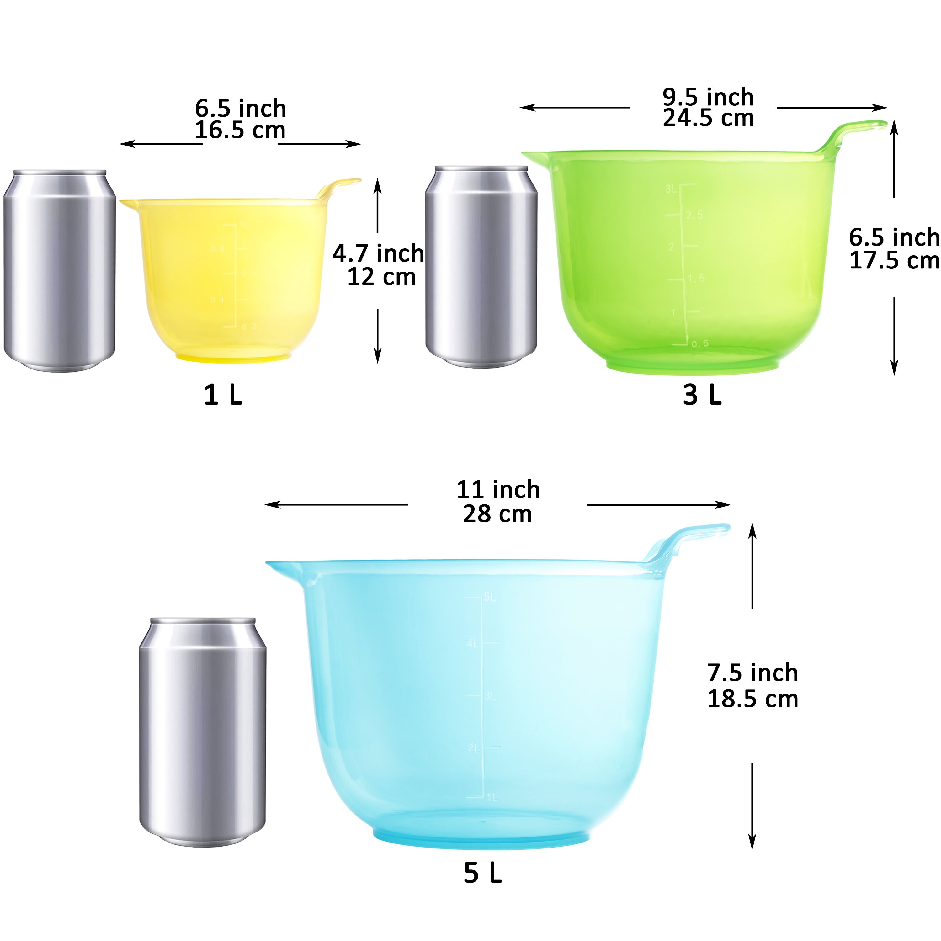 5 Pack Plastic Mixing Bowls Set, Large Measuring Bowls in 3 Sizes 1L, 3L, 5L Rainbow YE393.617 ...