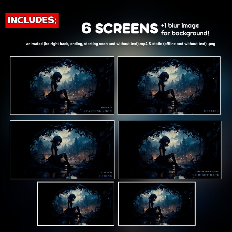 Goth Twitch Overlay Animated Pack - Spooky Girl Anime Screens Stream ...
