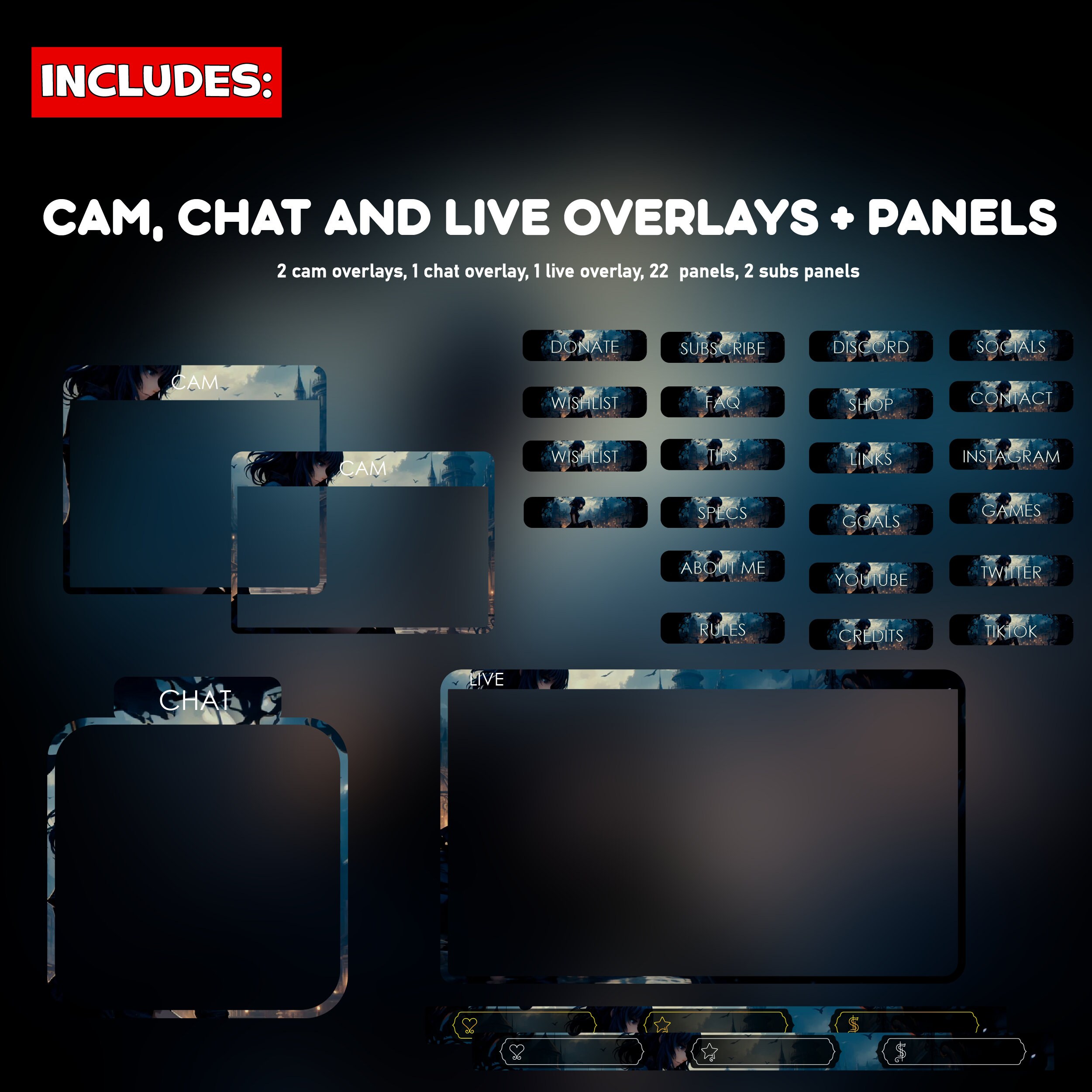 Goth Twitch Overlay Animated Pack Spooky Girl Anime Screens Stream ...