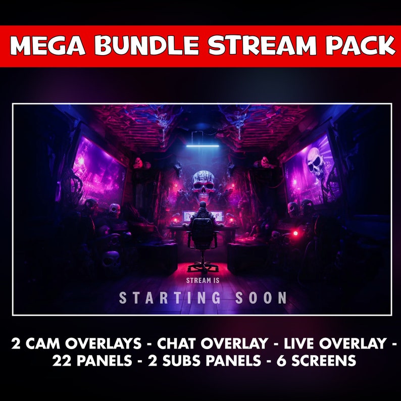 Goth Twitch Overlay Animated - Gamer Pink and Blue Neon Skull Screens ...