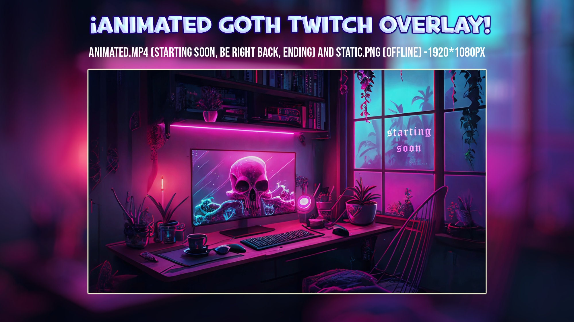 Goth Twitch Overlay Animated Gamer Pink Neon Skull Screens - Etsy Australia