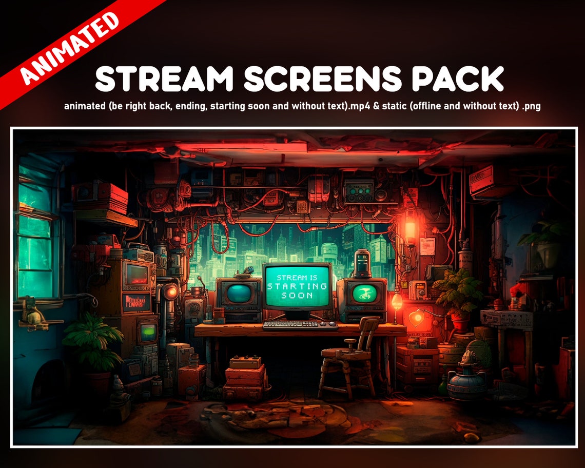 Retro Futuristic Gamer Room Twitch Overlay Animated Pack Steampunk ...