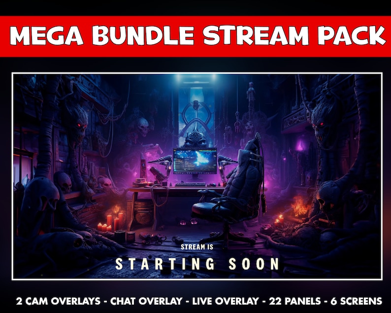 Goth Twitch Overlay Animated Pack Gamer Room Neon Skull Background for ...