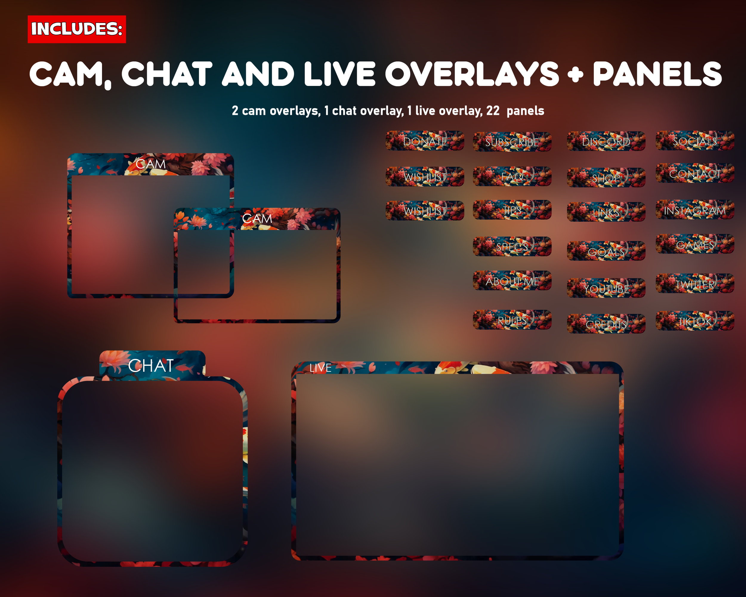Koi Fish Twitch Overlay Animated Pack - Lotus Flowers Background Cozy ...