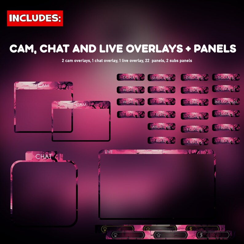 Goth Twitch Overlay Animated Pack - Spooky Black Cat Girl Screens Pink ...
