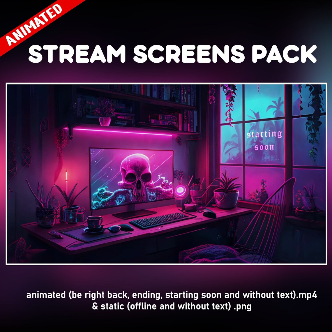 Goth Twitch Overlay Animated - Gamer Pink Neon Skull Screens Perfect ...