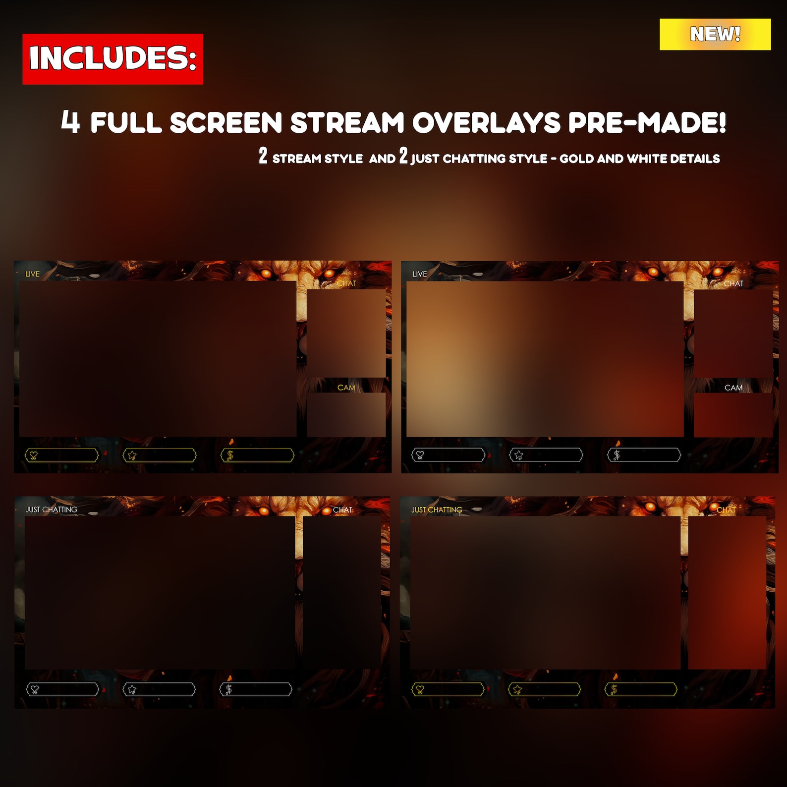 Fiery Lion Twitch Overlay Pack - Majestic Beast Fire Animated Stream ...