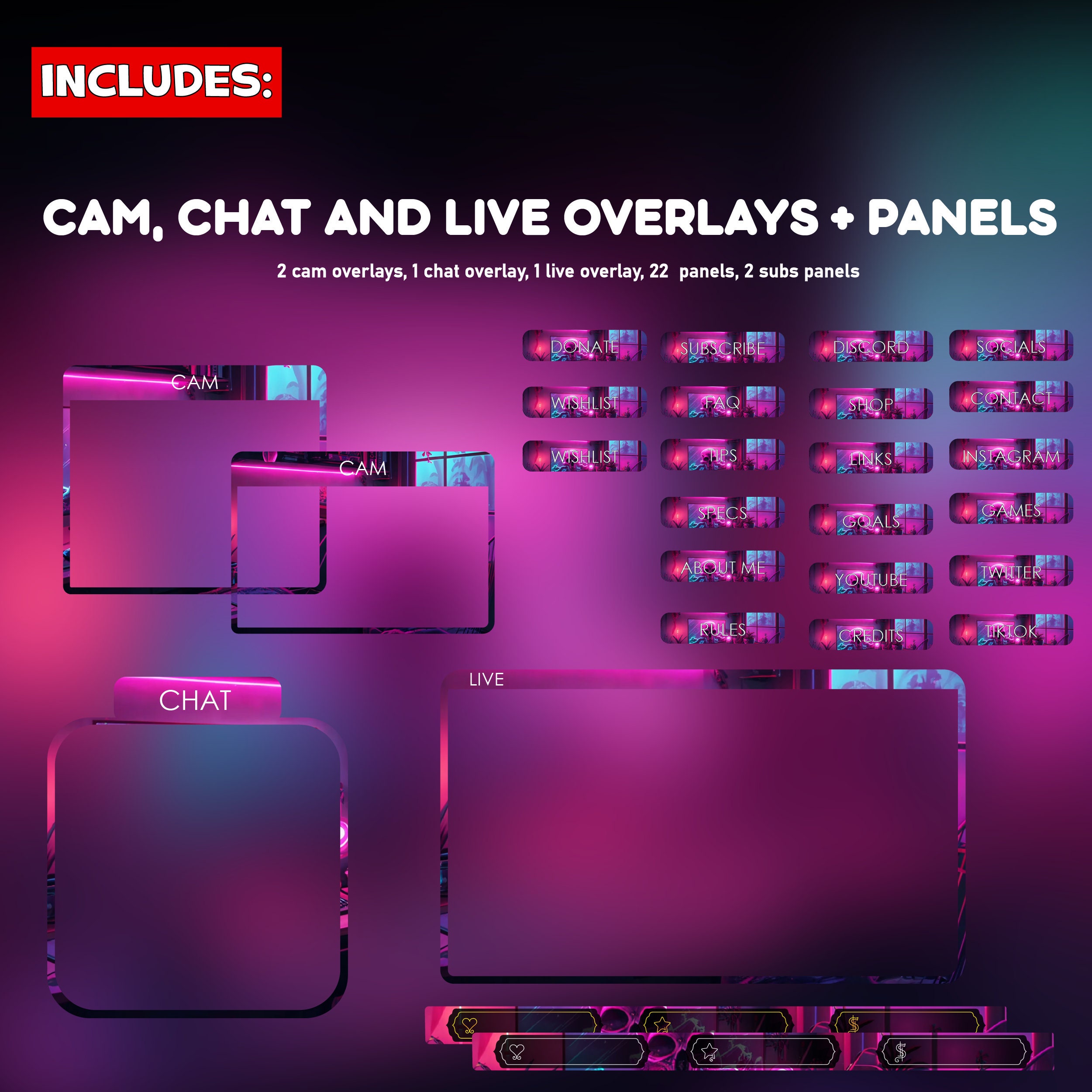 Goth Twitch Overlay Animated Gamer Pink Neon Skull Screens Perfect for ...