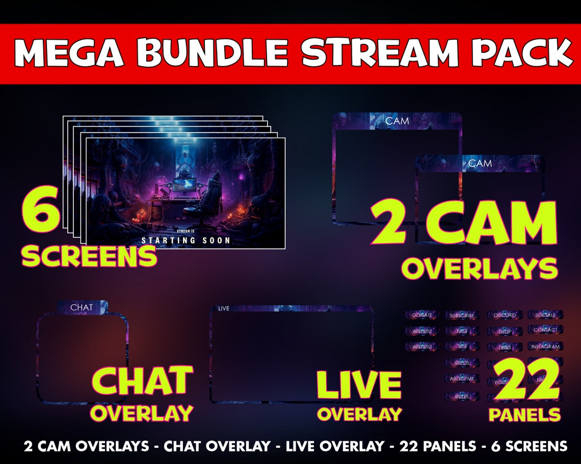 Goth Twitch Overlay Animated Pack Gamer Room Neon Skull Background for ...