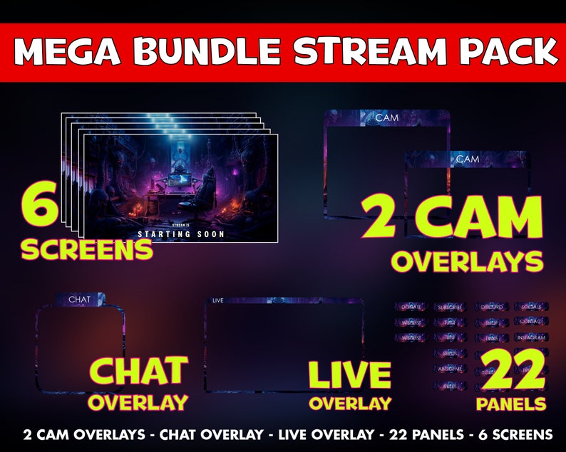 Goth Twitch Overlay Animated Pack Gamer Room Neon Skull Background for ...